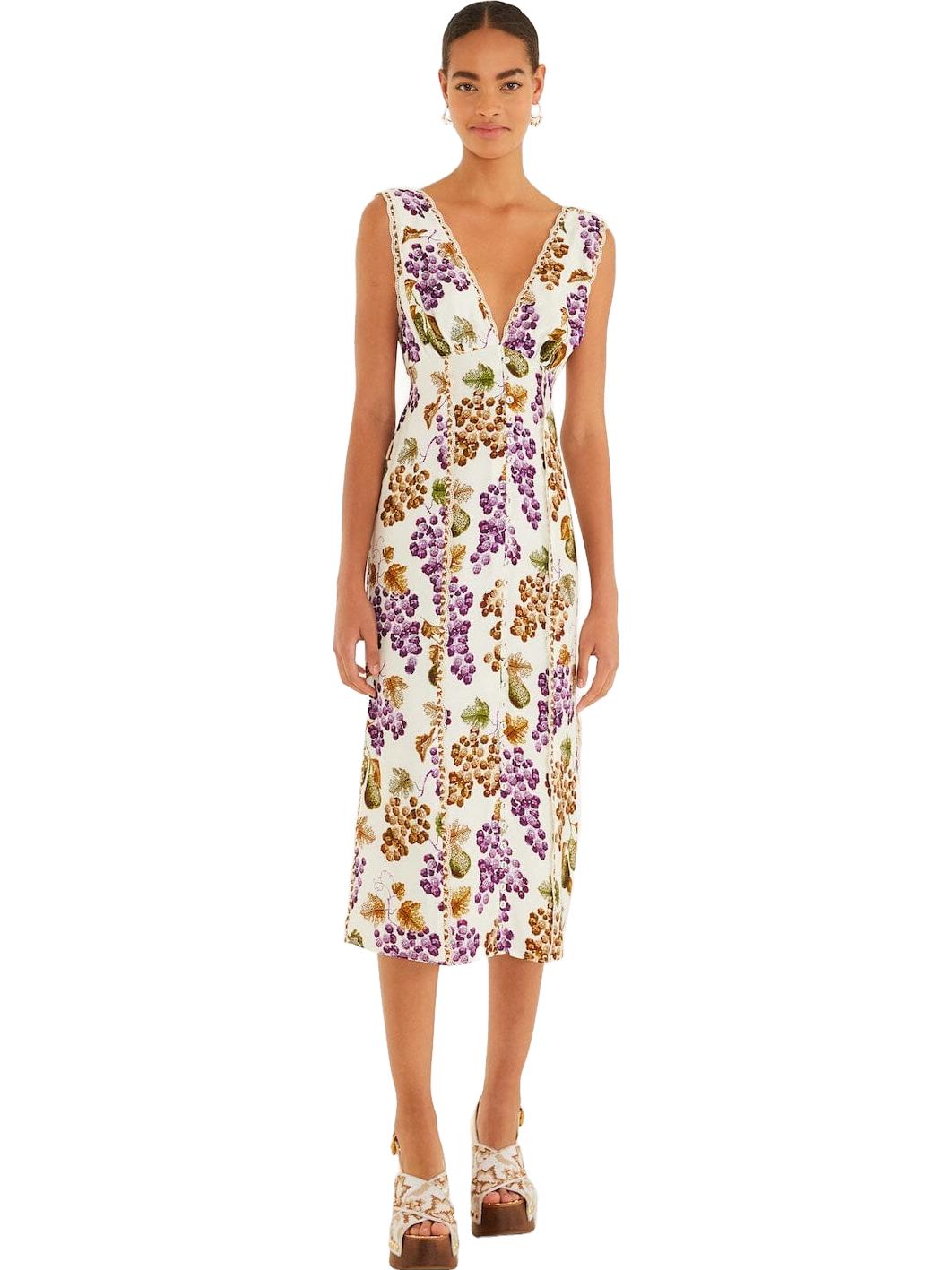 FARM RIO FARM Rio Cream Grape Garden V-Neck Midi Dress
